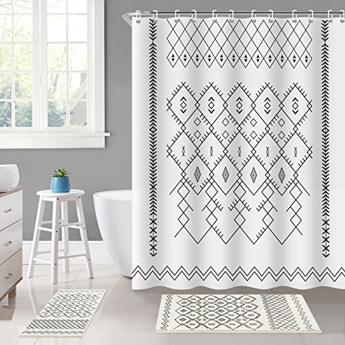 Sunhop Luxury Shower Curtain Set 3PCS, Bathroom Sets with Shower Curtain and Rugs, Ultra Soft Faux Wool Water Absorbent Bath Rugs, Durable Waterproof Shower Curtain with 12 Hooks (White, 71" x 71")