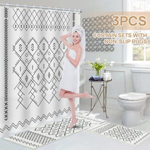 Sunhop Luxury Shower Curtain Set 3PCS, Bathroom Sets with Shower Curtain and Rugs, Ultra Soft Faux Wool Water Absorbent Bath Rugs, Durable Waterproof Shower Curtain with 12 Hooks (White, 71" x 71")