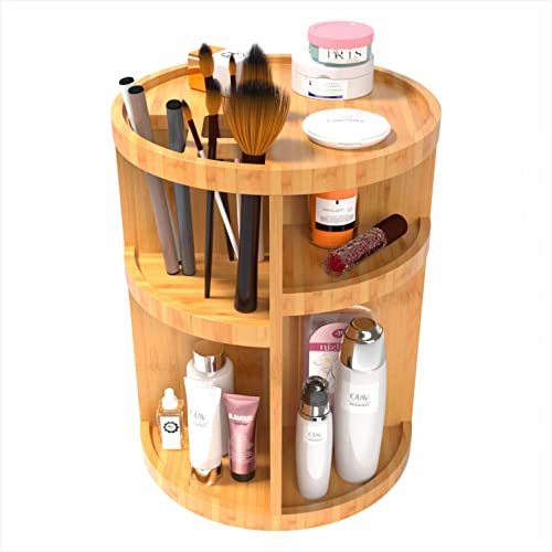 AJIAAIONE 360° Bamboo Makeup Organizer, Cosmetics Organizer，Multi-Function Storage Carousel for Makeup, Toiletries, and More — Great for Vanity, Desk, Bathroom, Bedroom, Closet, Kitchen