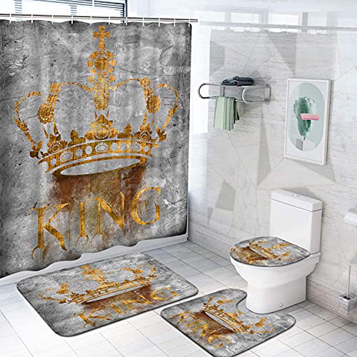 DuoBaorom 4 Pieces Set King Shower Curtain Set Abstract Golden Crown with Letter King Grey Artwork on Non-Slip Rugs Toilet Lid Cover Bath Mat and Bathroom Curtain with 12 Hooks 72x72inch