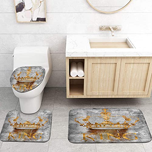 DuoBaorom 4 Pieces Set King Shower Curtain Set Abstract Golden Crown with Letter King Grey Artwork on Non-Slip Rugs Toilet Lid Cover Bath Mat and Bathroom Curtain with 12 Hooks 72x72inch