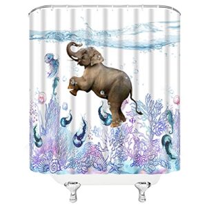 EUBTPA 4 Pcs Funny Elephant Shower Curtain Set with Rugs(Bath Mat,U Shape and Toilet Lid Cover Mat) and Hooks, Teal Coral Underwater Marine Life Animal Bathroom Decor