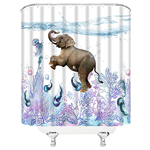 EUBTPA 4 Pcs Funny Elephant Shower Curtain Set with Rugs(Bath Mat,U Shape and Toilet Lid Cover Mat) and Hooks, Teal Coral Underwater Marine Life Animal Bathroom Decor