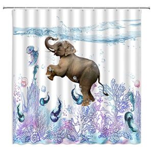 EUBTPA 4 Pcs Funny Elephant Shower Curtain Set with Rugs(Bath Mat,U Shape and Toilet Lid Cover Mat) and Hooks, Teal Coral Underwater Marine Life Animal Bathroom Decor