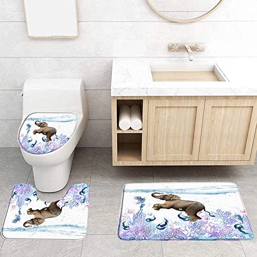 EUBTPA 4 Pcs Funny Elephant Shower Curtain Set with Rugs(Bath Mat,U Shape and Toilet Lid Cover Mat) and Hooks, Teal Coral Underwater Marine Life Animal Bathroom Decor