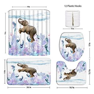 EUBTPA 4 Pcs Funny Elephant Shower Curtain Set with Rugs(Bath Mat,U Shape and Toilet Lid Cover Mat) and Hooks, Teal Coral Underwater Marine Life Animal Bathroom Decor