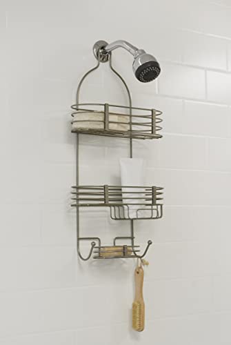 AQ Hanging Shower Caddy, Extra Wide Bathroom Organizer for Shampoo, Conditioner & Soap with Multi-Functional Hooks - Matte Nickel