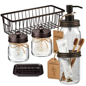 premium mason jar bathroom accessories set (6pcs) - lotion soap dispenser,toothbrush holder,2 apothecary jars(qtip holder),soap dish,metal wire storage organizer basket-rustic farmhouse decor (bronze)