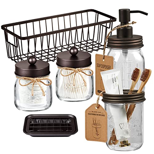 Premium Mason Jar Bathroom Accessories Set (6PCS) - Lotion Soap Dispenser,Toothbrush Holder,2 Apothecary Jars(Qtip Holder),Soap Dish,Metal Wire Storage Organizer Basket-Rustic Farmhouse Decor (Bronze)