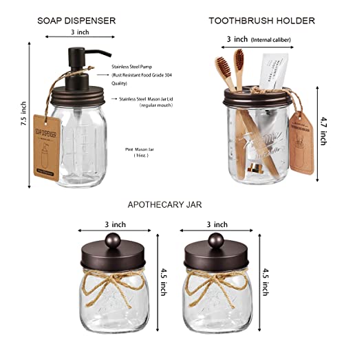 Premium Mason Jar Bathroom Accessories Set (6PCS) - Lotion Soap Dispenser,Toothbrush Holder,2 Apothecary Jars(Qtip Holder),Soap Dish,Metal Wire Storage Organizer Basket-Rustic Farmhouse Decor (Bronze)