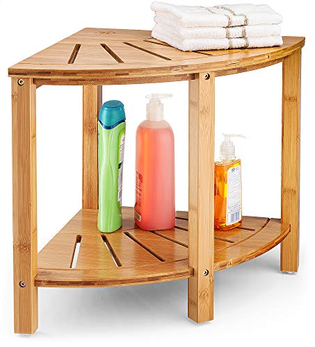 Bamboo Corner Shower Bench - Shower Stool, Shaving Stool with Non-Slip Feet - Wood 2-Tier Seat with Storage Shelf - Bathroom, Living Room, Bedroom, Garden Etc. Seat or Organizer