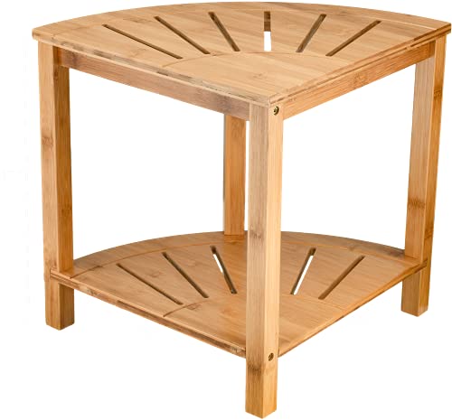 Bamboo Corner Shower Bench - Shower Stool, Shaving Stool with Non-Slip Feet - Wood 2-Tier Seat with Storage Shelf - Bathroom, Living Room, Bedroom, Garden Etc. Seat or Organizer