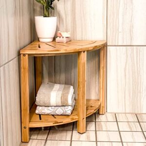 Bamboo Corner Shower Bench - Shower Stool, Shaving Stool with Non-Slip Feet - Wood 2-Tier Seat with Storage Shelf - Bathroom, Living Room, Bedroom, Garden Etc. Seat or Organizer