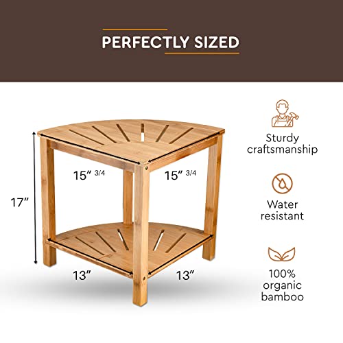 Bamboo Corner Shower Bench - Shower Stool, Shaving Stool with Non-Slip Feet - Wood 2-Tier Seat with Storage Shelf - Bathroom, Living Room, Bedroom, Garden Etc. Seat or Organizer