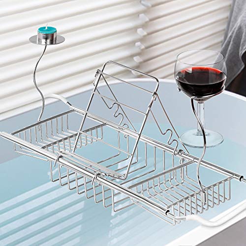 iPEGTOP 304 Stainless Steel Bathtub Caddy Tray Expandable Bath Organizer, Tub Shelf for Reading with Book and Wine Rack, Candleholder