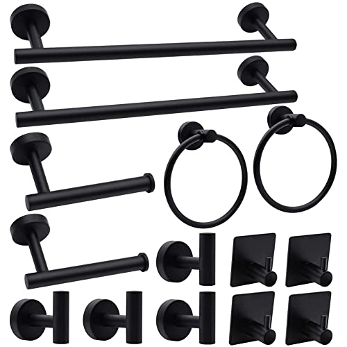 14-Pieces Matte Black Bathroom Accessories Set, Stainless Steel Bathroom Hardware Set, Bath Towel Bar Set, Towel Racks for Bathroom Wall Mounted.