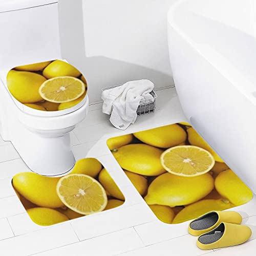 Habilboi Bathroom Mat Set 3pcs Non Slip Mat Lemon, Lemon Tree Bathroom Shower Mat with U-Shaped Contour Toilet Mat 16x24inch