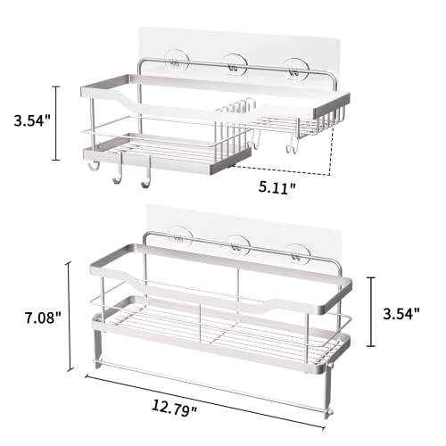 Carwiner Shower Shelf Basket Caddy 2-Pack with 6 Hooks & Tower Hanger & Soap Dish Holder, SUS304 Stainless Steel Bathroom Caddy Organizer Rack Adhesive Shampoo Holder Wall Mounted No Drilling (Silver)