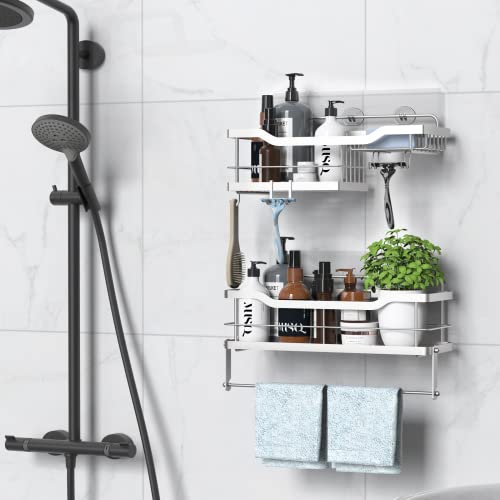 Carwiner Shower Shelf Basket Caddy 2-Pack with 6 Hooks & Tower Hanger & Soap Dish Holder, SUS304 Stainless Steel Bathroom Caddy Organizer Rack Adhesive Shampoo Holder Wall Mounted No Drilling (Silver)