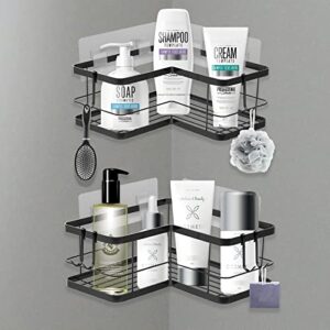 adhesive corner shower caddy,2 pack bathroom corner shower basket shelf with 6 hooks stainless steel shower storage organizer shampoo holder, no drilling shower shelf basket bathroom shelf rack