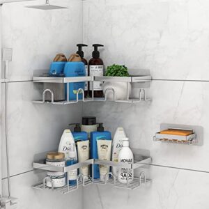 JOFUNBEAU Shower Organizer,Corner Shower Caddy with Soap Holder & Bathroom Canister & 8 Hooks,Adhesive No Drilling Rustproof Stainless Steel Shower Shelves for Inside Shower & Bathroom(Premium Chrome)