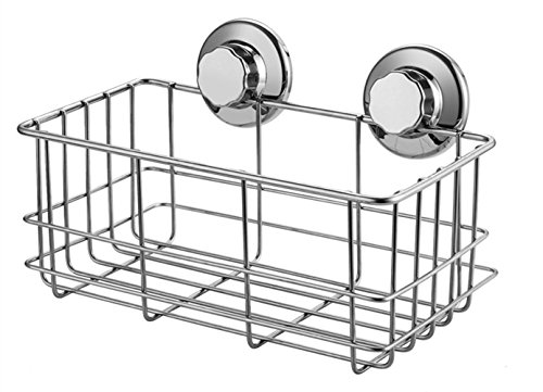 SANNO Suction Cup Shower Caddy Bath Wall Shelf, Deep Bathroom Basket Large Shower Caddy Bath Organizer Kitchen Storage Basket for Gel Holder Bathroom Storage Shampoo, Conditioner -Stainless Steel