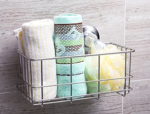 SANNO Suction Cup Shower Caddy Bath Wall Shelf, Deep Bathroom Basket Large Shower Caddy Bath Organizer Kitchen Storage Basket for Gel Holder Bathroom Storage Shampoo, Conditioner -Stainless Steel