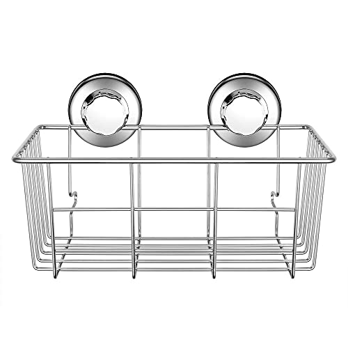 SANNO Suction Cup Shower Caddy Bath Wall Shelf, Deep Bathroom Basket Large Shower Caddy Bath Organizer Kitchen Storage Basket for Gel Holder Bathroom Storage Shampoo, Conditioner -Stainless Steel