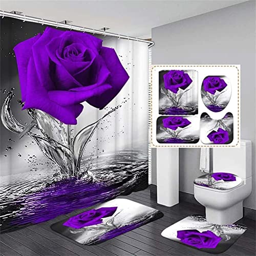 4 Pcs Purple Rose Shower Curtain Set with Non-Slip Rugs Toilet Lid Cover and Bath Mat, Bathroom Sets with Shower Curtain and Rugs and Accessories, Waterproof Shower Curtain with 12 Strong Hooks