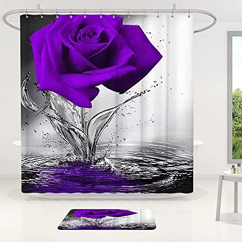 4 Pcs Purple Rose Shower Curtain Set with Non-Slip Rugs Toilet Lid Cover and Bath Mat, Bathroom Sets with Shower Curtain and Rugs and Accessories, Waterproof Shower Curtain with 12 Strong Hooks