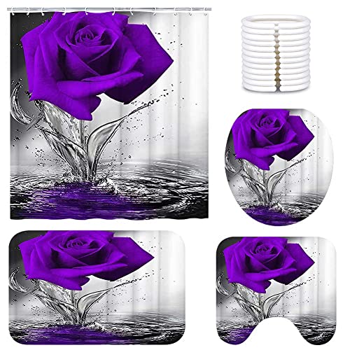 4 Pcs Purple Rose Shower Curtain Set with Non-Slip Rugs Toilet Lid Cover and Bath Mat, Bathroom Sets with Shower Curtain and Rugs and Accessories, Waterproof Shower Curtain with 12 Strong Hooks