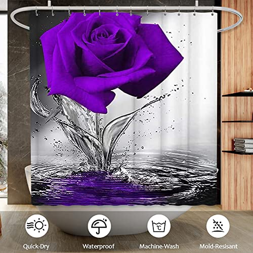 4 Pcs Purple Rose Shower Curtain Set with Non-Slip Rugs Toilet Lid Cover and Bath Mat, Bathroom Sets with Shower Curtain and Rugs and Accessories, Waterproof Shower Curtain with 12 Strong Hooks