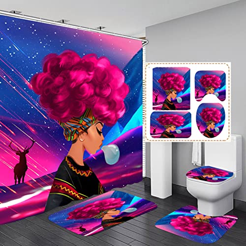 African American Woman Shower Curtains for Bathroom, 4PCS Bathroom Sets Include 1 Fabric Shower Curtain, 2 Non-Slip Bathroom Rugs and 1 Toilet Lid Cover, Black Girl Bathroom Decor (Red)