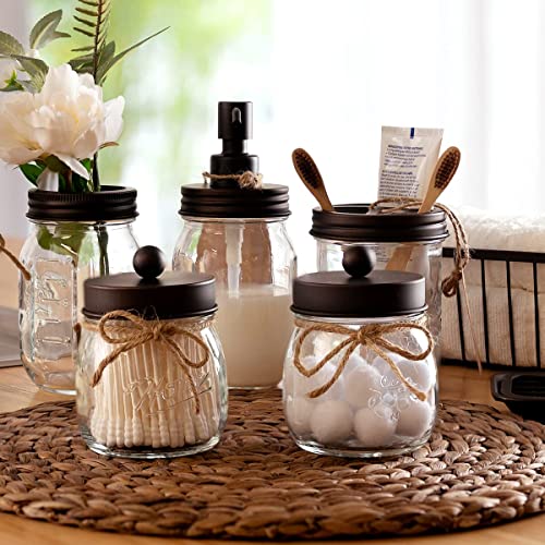 Mason Jar Bathroom Accessories Set(4 Pcs) -Lotion Soap Dispenser & 2 Cotton Swab Holder &Toothbrush Holder-Rustic Farmhouse Decor,Countertop Vanity Organize，Bathroom Home Decor (Bronze)