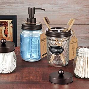 Mason Jar Bathroom Accessories Set(4 Pcs) -Lotion Soap Dispenser & 2 Cotton Swab Holder &Toothbrush Holder-Rustic Farmhouse Decor,Countertop Vanity Organize，Bathroom Home Decor (Bronze)