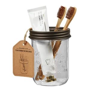 Mason Jar Bathroom Accessories Set(4 Pcs) -Lotion Soap Dispenser & 2 Cotton Swab Holder &Toothbrush Holder-Rustic Farmhouse Decor,Countertop Vanity Organize，Bathroom Home Decor (Bronze)