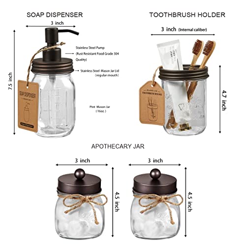 Mason Jar Bathroom Accessories Set(4 Pcs) -Lotion Soap Dispenser & 2 Cotton Swab Holder &Toothbrush Holder-Rustic Farmhouse Decor,Countertop Vanity Organize，Bathroom Home Decor (Bronze)