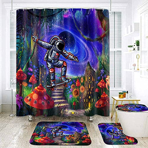 NTETSN Astronaut Fantasy Space Mushroom Fabric 4 PCS Shower Curtain Sets Universe Planet House Castle Green Vine Curtains Sets with Rugs, Toilet Lid Cover, Bath Mat Bathroom Decor SETYYNT7