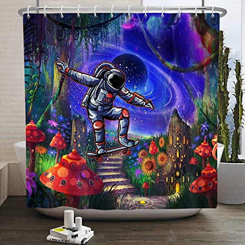 NTETSN Astronaut Fantasy Space Mushroom Fabric 4 PCS Shower Curtain Sets Universe Planet House Castle Green Vine Curtains Sets with Rugs, Toilet Lid Cover, Bath Mat Bathroom Decor SETYYNT7