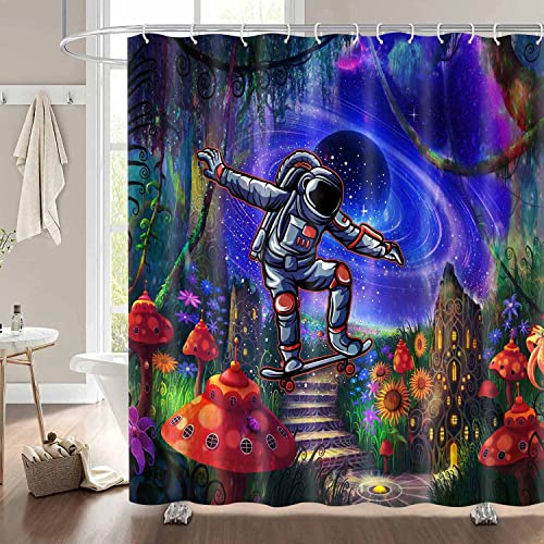 NTETSN Astronaut Fantasy Space Mushroom Fabric 4 PCS Shower Curtain Sets Universe Planet House Castle Green Vine Curtains Sets with Rugs, Toilet Lid Cover, Bath Mat Bathroom Decor SETYYNT7