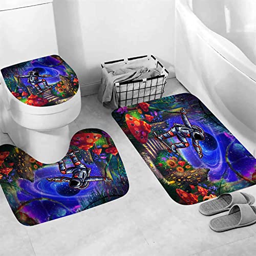 NTETSN Astronaut Fantasy Space Mushroom Fabric 4 PCS Shower Curtain Sets Universe Planet House Castle Green Vine Curtains Sets with Rugs, Toilet Lid Cover, Bath Mat Bathroom Decor SETYYNT7