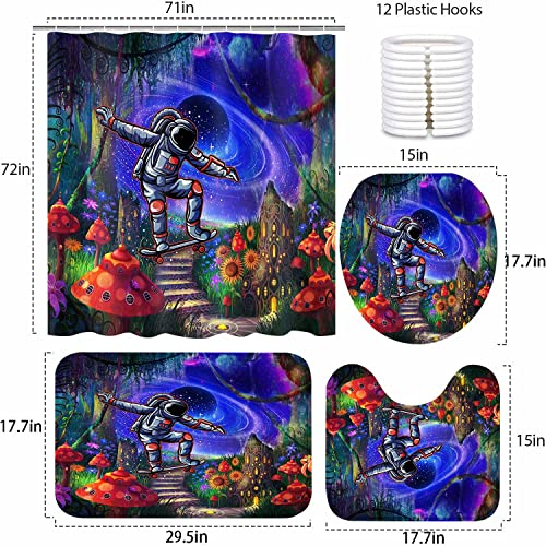 NTETSN Astronaut Fantasy Space Mushroom Fabric 4 PCS Shower Curtain Sets Universe Planet House Castle Green Vine Curtains Sets with Rugs, Toilet Lid Cover, Bath Mat Bathroom Decor SETYYNT7