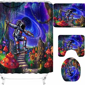 NTETSN Astronaut Fantasy Space Mushroom Fabric 4 PCS Shower Curtain Sets Universe Planet House Castle Green Vine Curtains Sets with Rugs, Toilet Lid Cover, Bath Mat Bathroom Decor SETYYNT7