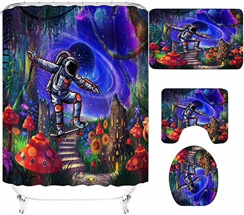 NTETSN Astronaut Fantasy Space Mushroom Fabric 4 PCS Shower Curtain Sets Universe Planet House Castle Green Vine Curtains Sets with Rugs, Toilet Lid Cover, Bath Mat Bathroom Decor SETYYNT7