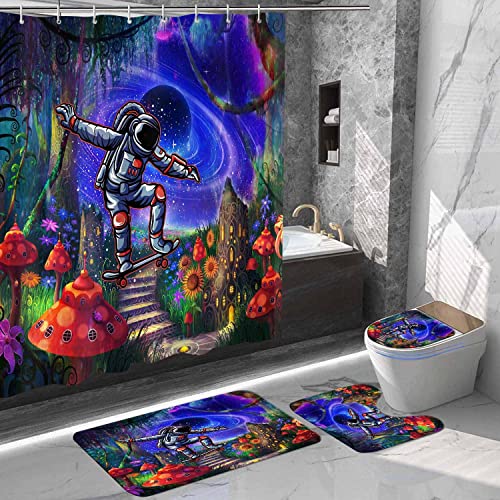 NTETSN Astronaut Fantasy Space Mushroom Fabric 4 PCS Shower Curtain Sets Universe Planet House Castle Green Vine Curtains Sets with Rugs, Toilet Lid Cover, Bath Mat Bathroom Decor SETYYNT7