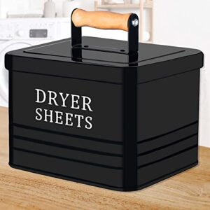 daya fashion dryer sheet holder black, metal farmhouse dryer sheet dispenser for laundry room, dryer sheet container with lid, fabric sheet holder storage bin, glossy black