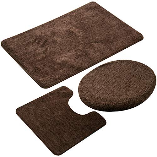 3 Pieces Bathroom Rugs Set, Luxury Soft Chenille Bath Mats Set, Absorbent Shaggy Anti-Slip Bath Rugs, U-Shaped Toilet Mat + Shower Floor Mat +Toilet Lid Cover (Coffee)