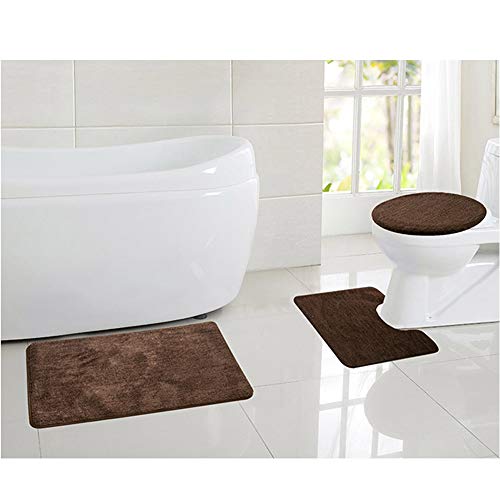 3 Pieces Bathroom Rugs Set, Luxury Soft Chenille Bath Mats Set, Absorbent Shaggy Anti-Slip Bath Rugs, U-Shaped Toilet Mat + Shower Floor Mat +Toilet Lid Cover (Coffee)