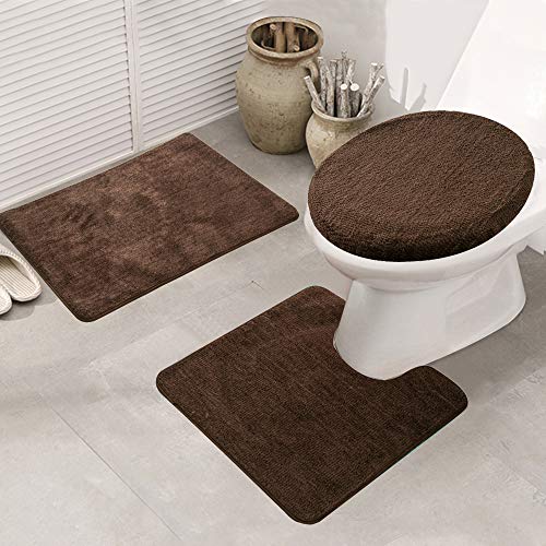 3 Pieces Bathroom Rugs Set, Luxury Soft Chenille Bath Mats Set, Absorbent Shaggy Anti-Slip Bath Rugs, U-Shaped Toilet Mat + Shower Floor Mat +Toilet Lid Cover (Coffee)