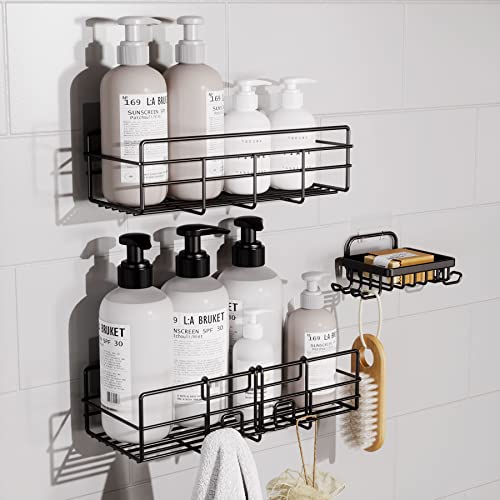 Goabroa No Drilling Shower Caddy Basket Shelf, 3 Pack Self Adhesive Shower Shelves with Soap Holder and Hooks, Multifunctional Wall Storage Organizer for Bathroom